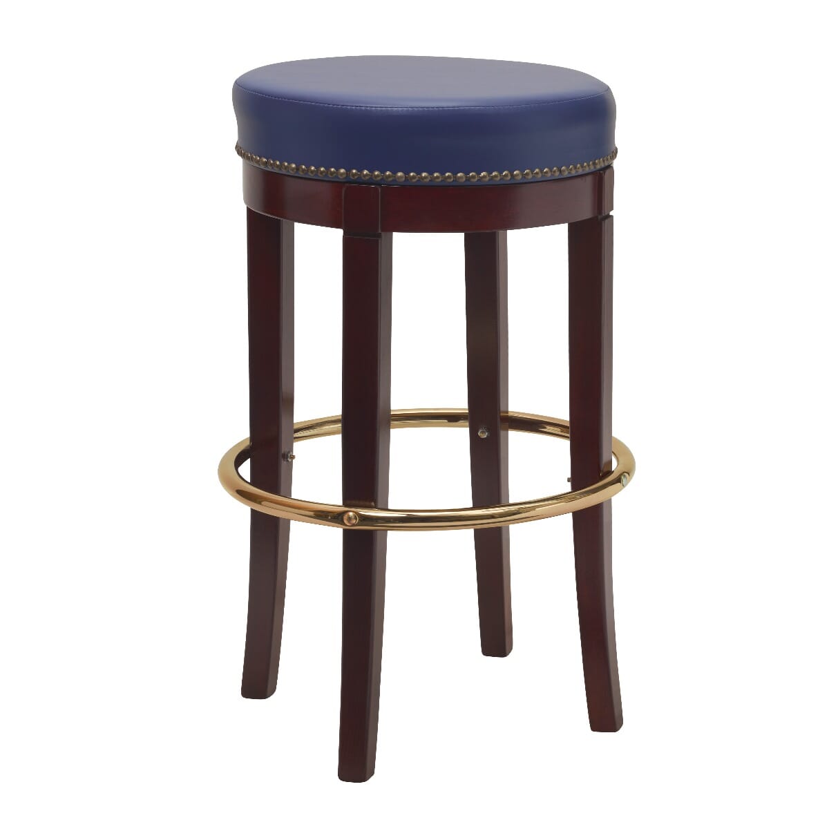 Solid Wood Backless Demi Bar Stool in Dark Mahogany with Nailhead Trim