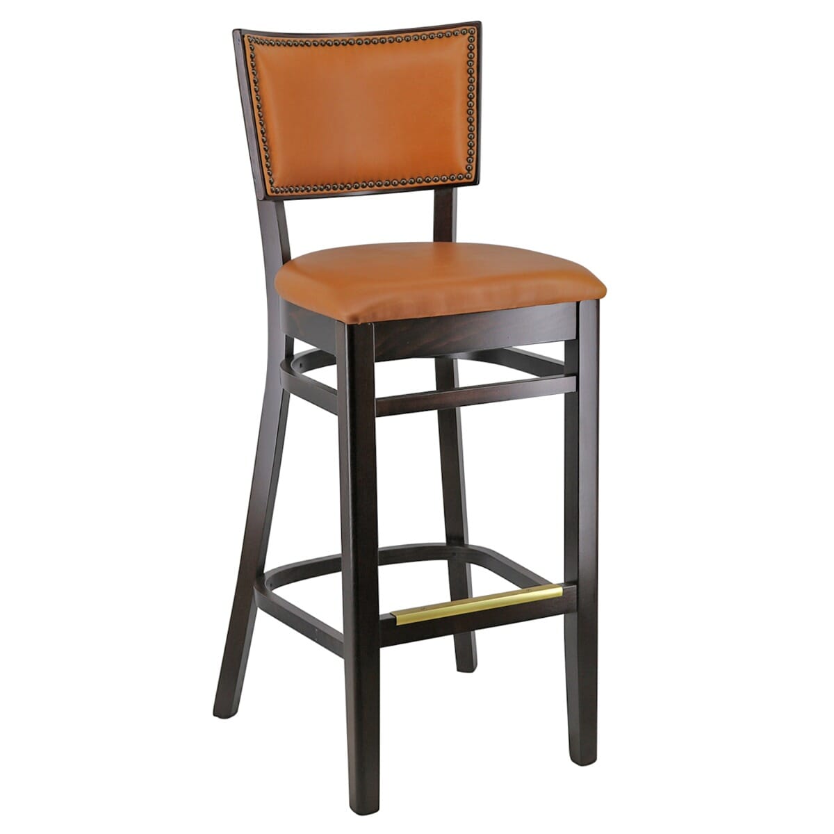 Walnut Solid Wood Square Back Restaurant Bar Stool with Nailhead Trim